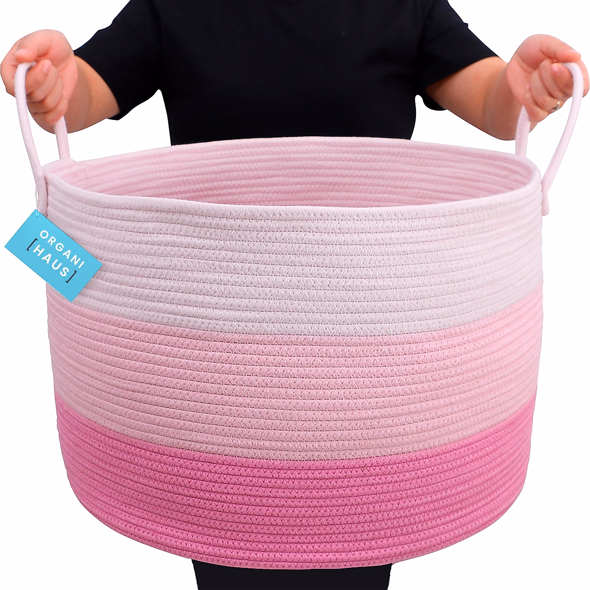 OrganiHaus Pink Baby Laundry Baskets for Organizing 20x13, Extra Large Basket for Blankets, Storage Basket for Living Room, Nursery Laundry Hamper, Cotton Rope Basket, Woven Laundry Basket