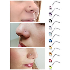 Lsnevsie Nose Rings Studs for Women 20G 316L Surgical Stainless Steel L Shaped Curved l Silver Opal Hypoallergenic Nose Stud Ring Body Piercing Jewelry for Men Diamond CZ 3mm