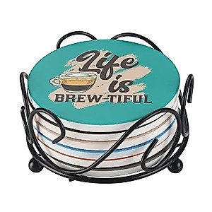 Coasters for Coffee Table - 6 Coffee Themed Absorbent Stone Cork Drink Coasters, Bar Coasters for Drinks with Holder, Cool Housewarming Gift, New Home - Cup Coster for Wooden Table