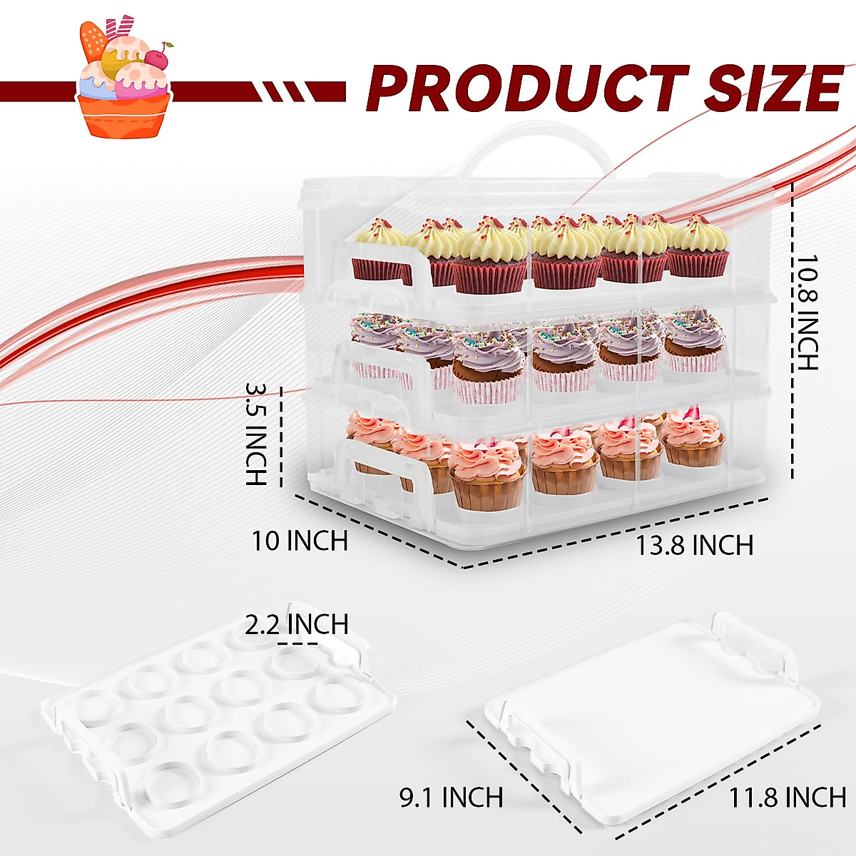 LEPump Cupcake Carrier, 3-Tiers Cupcake Containers, Holds 36 Cupcakes or 3 Large Cakes, Cupcake Holder, Cupcake Box with Lid and Handle (White, Basic)