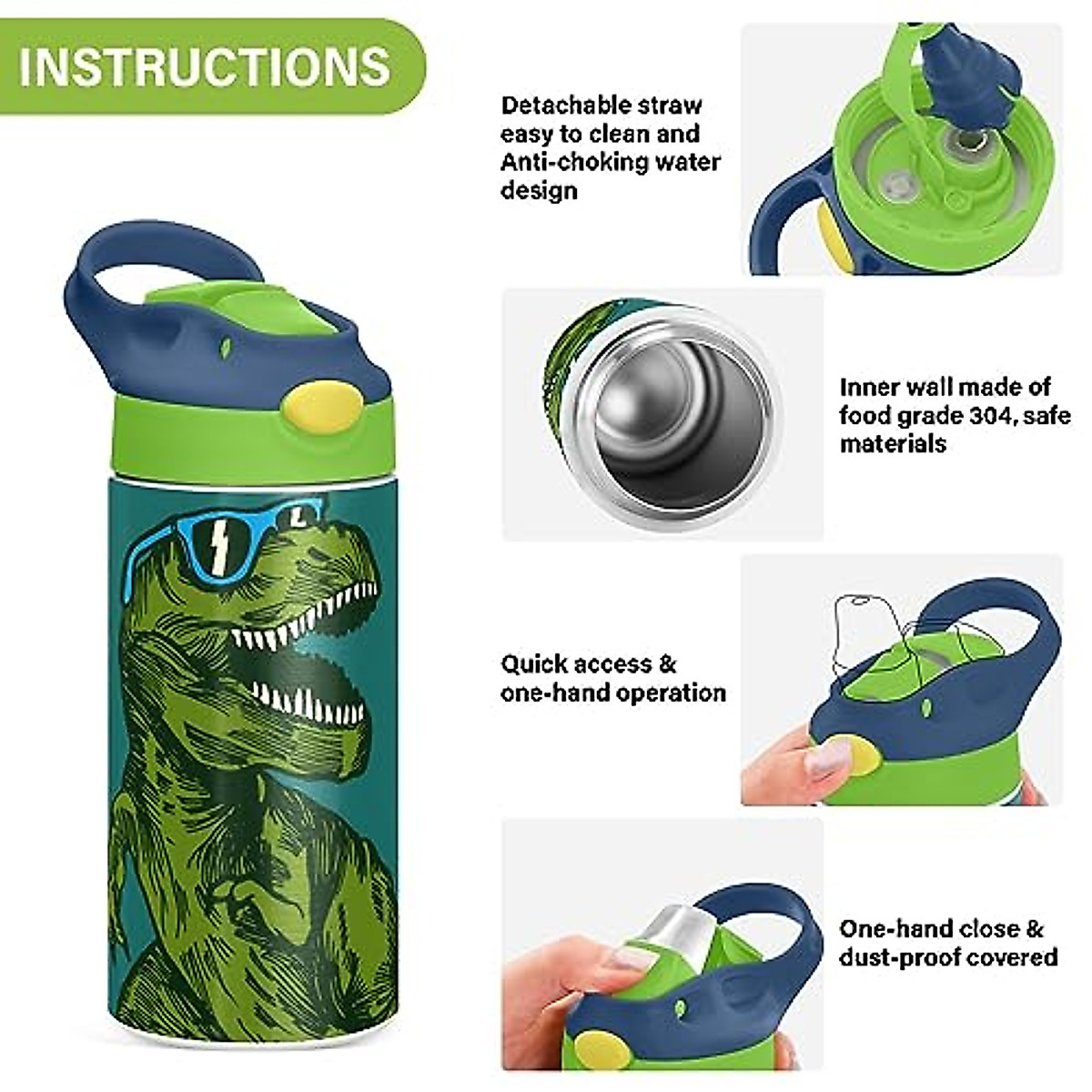 Kigai Green Dinosaur Glasses Kids Water Bottle, Insulated Stainless Steel Water Bottles with Straw Lid, 12 oz BPA-Free Leakproof Duck Mouth Thermos for Boys Girls