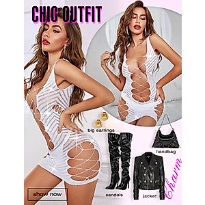 RSLOVE Womens Fishnet Lingerie Mesh Chemise Babydoll Bodysuit Lace Smock Lingerie for Women White