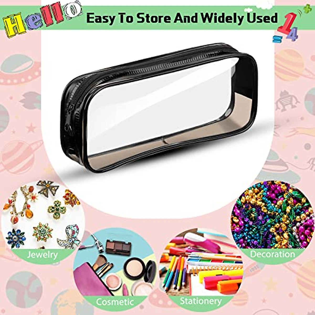 50 Pcs Clear Pencil Case Transparent Big Capacity Exam Pencil Bag PVC Large Zipper Pencil Pouch Aesthetic Plastic Portable Travel Toiletry Bag for Office Stationery Makeup Storage, White and Black