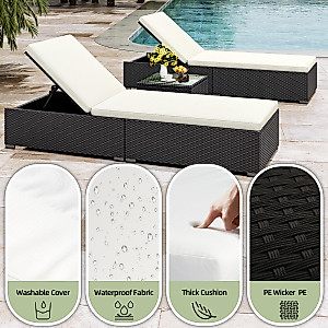 LHBcraft Outdoor PE Wicker Chaise Lounge Set, Patio Lounge Chairs, Rattan Adjustable Reclining Lounge Chairs with Cushions and Matching Storage Table (Two Chair + one Table)