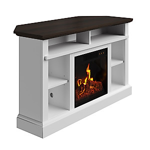 NORTHWEST Corner TV Stand with Electric Fireplace Fits 55-Inch TVs - Console with Storage Cabinet, Remote, Adjustable Heat, and LED Flames (White)