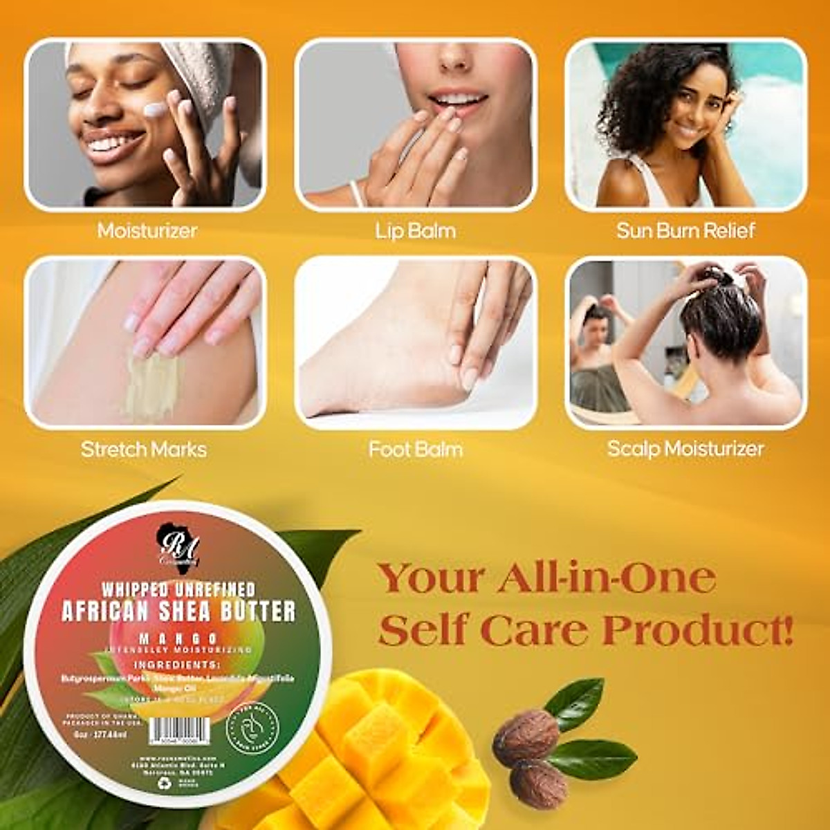 RA COSMETICS 100% African Shea Butter - Mango Scented, Anti-Aging Moisturizer, 6 Ounce
