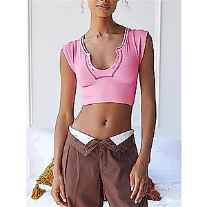 Women Y2K Going Out Crop Top Short Sleeve V Neck Ribbed Cropped T Shirt Casual Basic Fitted Baby Tees Streetwear A Pink