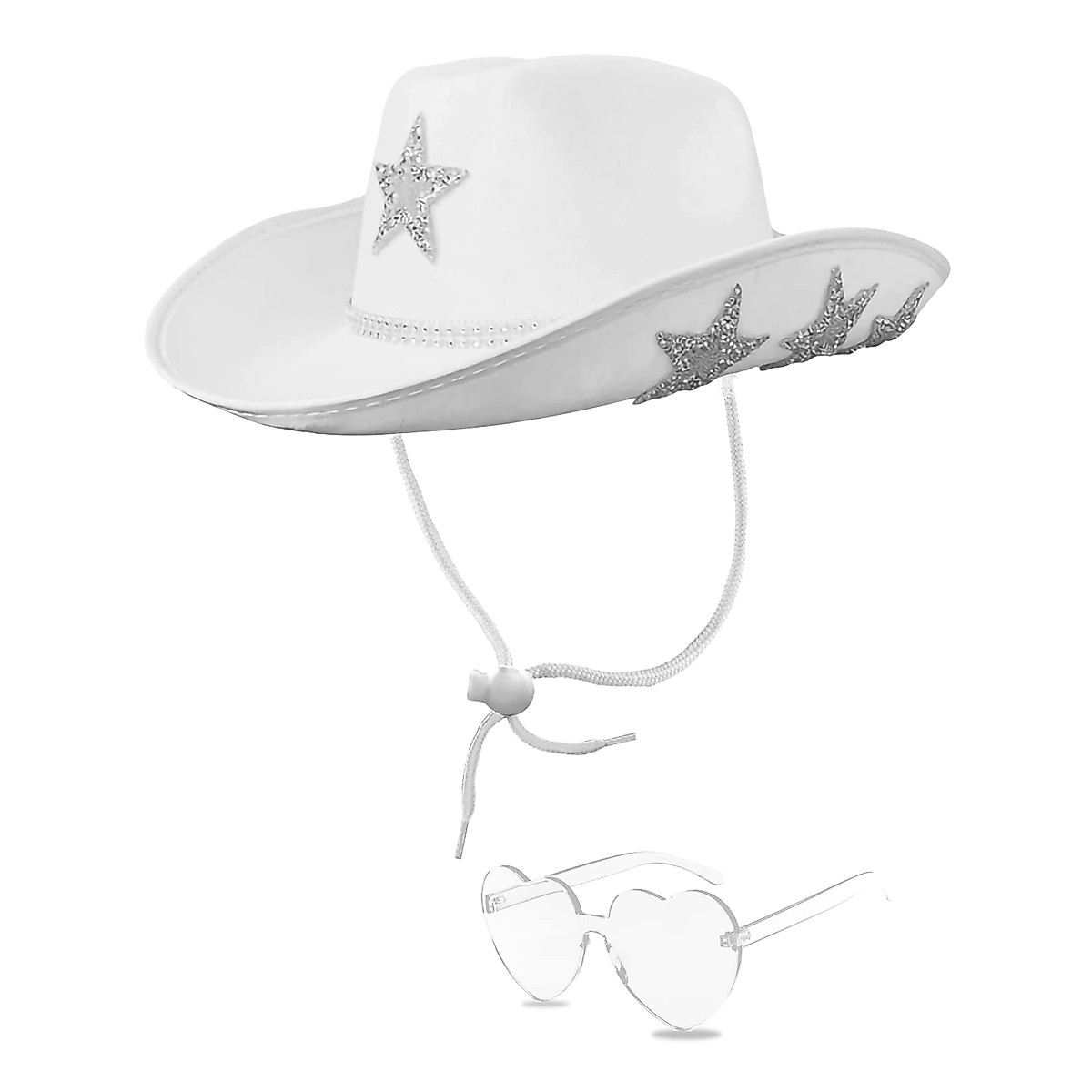 YBHOMINE White Cowgirl Hat with Heart Sunglasses - Cowboy Hat with Glitter Star Fits Women for Bachelorette Themed Party(Glitter Star)