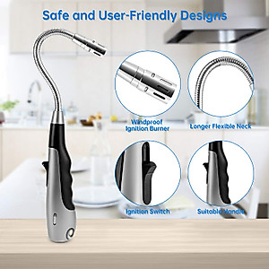 Butane Lighter Torch Long Lighter Jet Flame Windproof Lighter with Visual Fuel Window for Fireplace Kitchen Grill BBQ Camping, Black (No Butane Included)