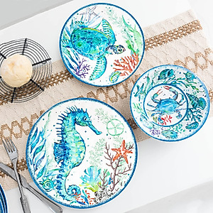 LEHAHA 12-Piece Melamine Beach Dinnerware Set, Coastal Plates and Bowls Sets, Oceanic Sea Life Dish Sets for 4, Great for Indoor Outdoor Dining on the Beach, RV, Camping or Cabin