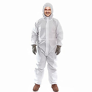 AMZ Disposable Coveralls with Hood, X-Large. Pack of 5 White Microporous Lab Coveralls Disposable. 60 GSM Painters Suit Disposable with Storm Flap Zipper Cover. Painters Suit Disposable. Hazmat Suit