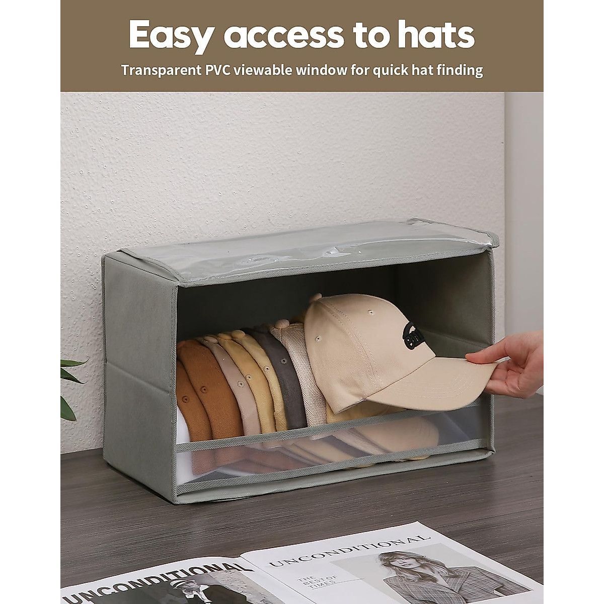 Beveetio 2 Pcs Hat Storage Box With PVC Dustproof Cover, Space Saving Hat Organizer For Baseball Caps, Baseball Cap Organizer For Pack Hats, Stackable Cap Holder Organizer, Hat Organizer For Closet