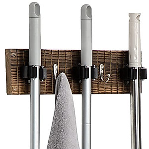 MyGift Wall Mounted Rustic Solid Burnt Wood Mop and Broom Holder Rack with Roller Clips and Vintage Brass Metal Hooks, Utility Room Organizer Storage Cleaning Tool Rack