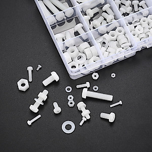 447 Pcs White Nylon Plastic Pan Round Head Screws Bolts and Nuts and Gaskets, Metric Full Threaded Hex Head Screws Bolts and Nuts and Washers Assortment Set - M2/M2.5/M3/M4/M5/M6
