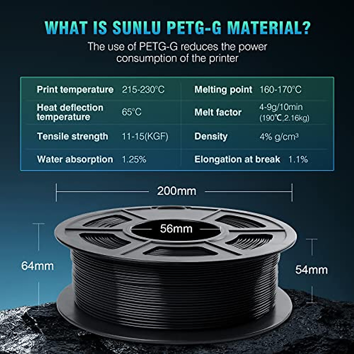 SUNLU PETG-G 3D Printer Filament 1.75mm 1 kg Spool, Better Flow of SUNLU no plugging Premium PETG-G Filament 1.75 +/- 0.02 mm for 3D Printing，Black