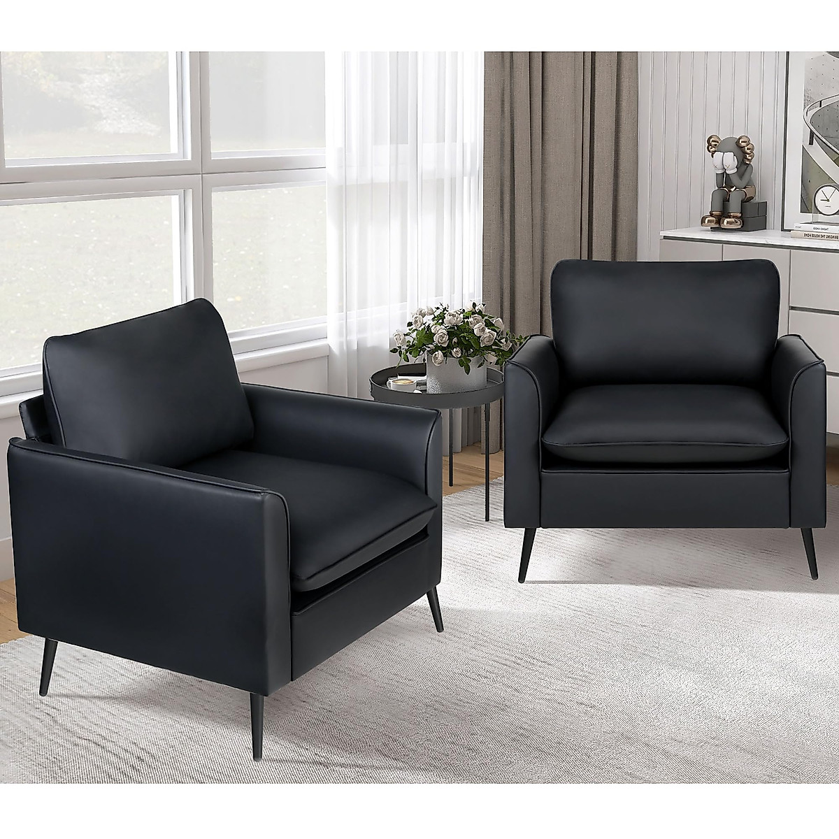 TYBOATLE Accent Chair, Black Leather Accent Chair, Comfy Living Room Chair, Cozy Reading Sitting Chair, Mid Century Modern Accent Chairs, Arm Reception Chairs, Lobby Chair,Office Furniture