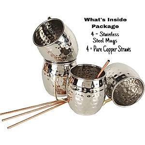 JYPR Complete Moscow Mule Mugs 8pc Set - Large 18oz Hammered Steel Mugs with Gold Brass Handles - Includes 4X Copper Straws - Food Grade Safe Steel Interior