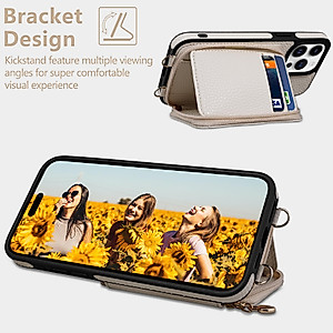 Keallce Compatible with iPhone 15 Pro Max 6.7 inch Case Wallet, Crossbody Zipper with RFID Blocking Card Slots Kickstand, Lanyard & Handstrap Flip Leather Cover for iPhone 15 Pro Max 2023, Beige
