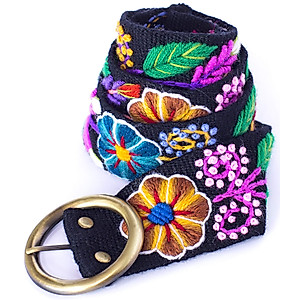 RAYMIS Womens Alpaca Wool Handmade Belt with Colorful Embroidered Flowers (Black)