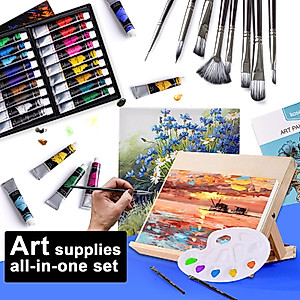 koseibal Acrylic Art Set with 18 Acrylic Paints, 8 Brushes, 4 Stretched Canvas, 1Wooden Easel, Etc, Premium Painting Supplies Kit for Students, Artists Kids, Adults, and Beginner.