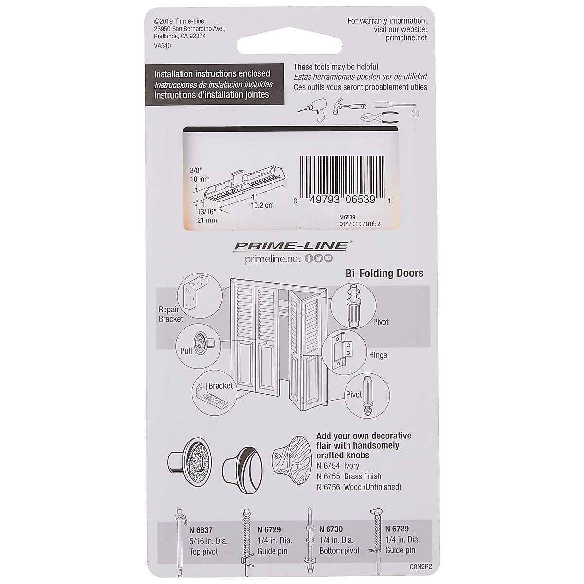 Prime-Line N 6539 7/8 In., White Nylon, Top Mount Bi-Fold Door Slide Guide, Acme (2 Pack)