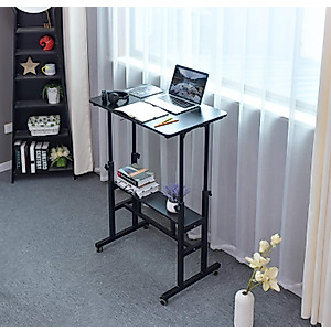 AIZ Mobile Standing Desk, Adjustable Computer Desk Rolling Laptop Cart on Wheels Home Office Computer Workstation, Portable Laptop Stand Tall Table for Standing or Sitting, Black 31.5" x 19.7"
