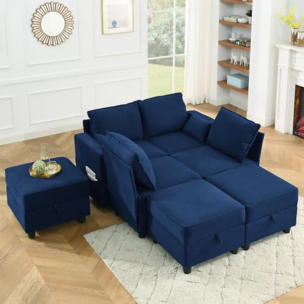 TOQIJUN Modular Sectional Sofa with Ottomans Velvet,U Shaped Sleeper Sofa with Storage, Sofa Covers Removable, 7 Seat Couch with Ottoman for Living Room,Navy Blue