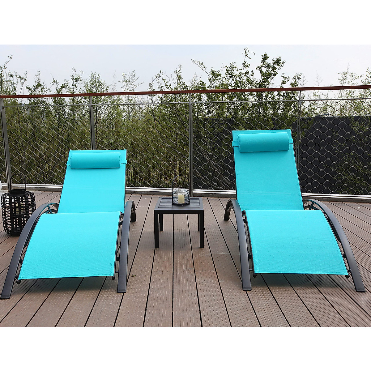 VARVIND Patio Chaise Lounge Chair Set of 3,Aluminum Outdoor Lounge Chair with Headrest,Sunbathing Lounger,Pool Tanning Chairs,Armrest Recliner Chiar with Side Table for Beach,Garden，Lawn(Blue)
