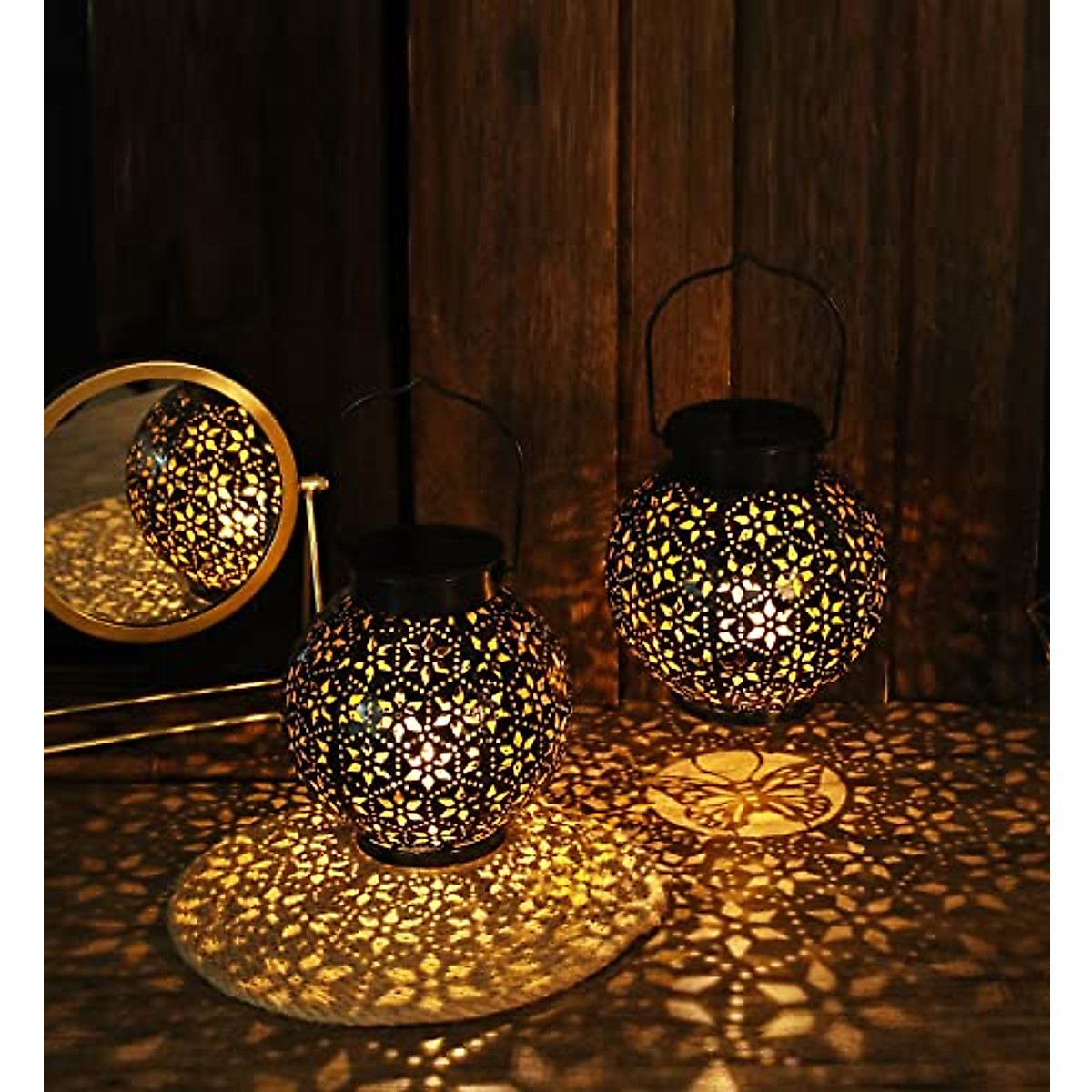 2 Pack Solar Lanterns Outdoor Waterproof Hanging Metal LED Decorative for Patio Garden Courtyard Lawn and Tabletop，Black