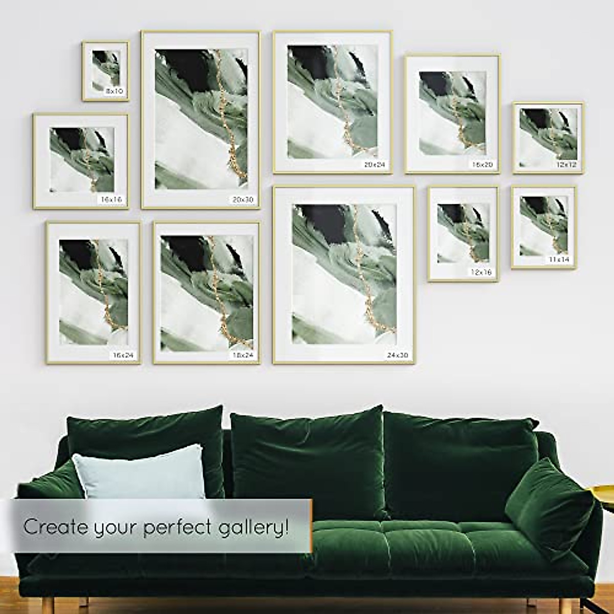 Homeforia - 12x16 inch Metal Picture Frame - 12 x 16 Aluminum Photo Frames - 12x9 Mat - Tempered Glass - Wall Hook Included - Set of 1 - Gold