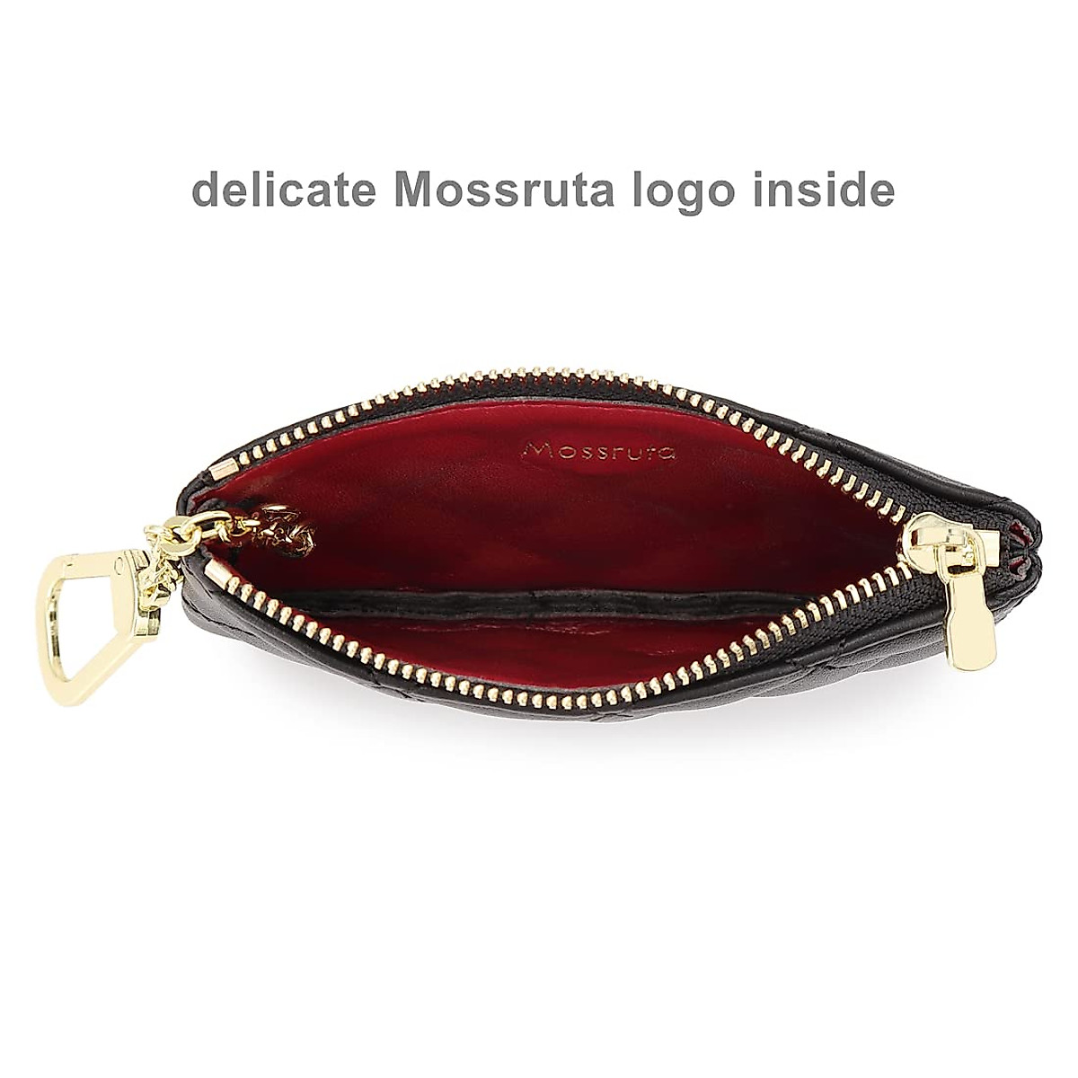 Mossruta Premium Genuine Full Grain Leather Mini Coin Purse Keychain Pouch Card Holder for Men Women (Black Quilted - LG)