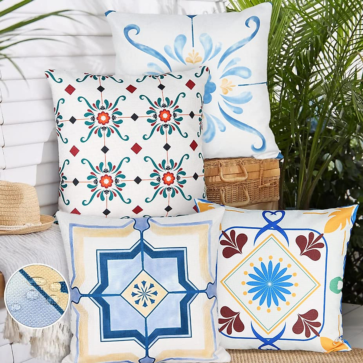 Basic Model Outdoor Waterproof Throw Pillow Covers 18x18 Inch Set of 4, Decorative Floral Cushion Covers for Couch Garden Patio Furniture