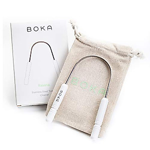 Boka Rasana Stainless Steel Tongue Cleaner and Scraper with Linen Travel Pouch, Remove Tongue Buildup and Freshen Breath (Pack of 1)