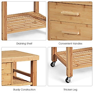 Giantex Kitchen Island, Bamboo Island Cart, Kitchen Trolley Cart on Wheels, Rolling Kitchen Cart, 2 Drawers, Towel Rack, Casters with Lock (Natural)