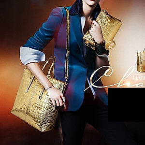 XingChen 3-PC Women PU Handbag+Shoulder Bag+Clutch Crocodile Pattern Top Handle Fashion Satchel Tote Purse Black