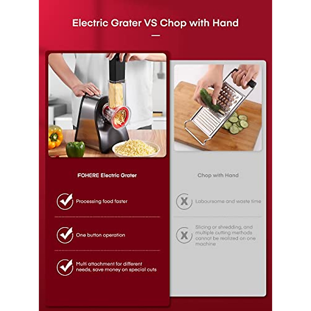 FOHERE Electric Cheese Grater Shredder, Electric Salad Maker for Home Kitchen Use, One-Touch Easy Control, Electric Grater for Vegetables, Cheeses and Nuts, BPA-Free, Red