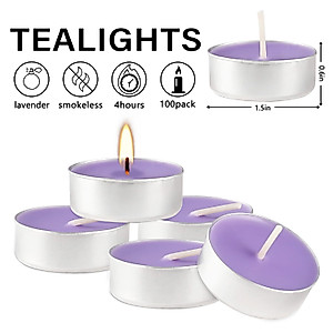100 Pack Tea Lights Scented Candles Set, Lavender Mini Votive Candles Bulk, for Anniversaries Weddings Meditation, 4 Hour Burn Time（Purple）…