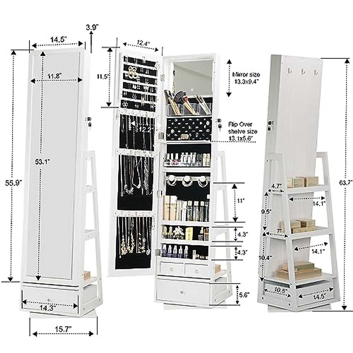 MASMIRE 360° Swivel Full Length Mirror Jewelry Cabinet Standing With Built-In Mirror - 63.7”H Jewelry Armoire With Mirror & 3 Drawers, Lockable Storage Mirror With 3 Storage Racks (Off-White)
