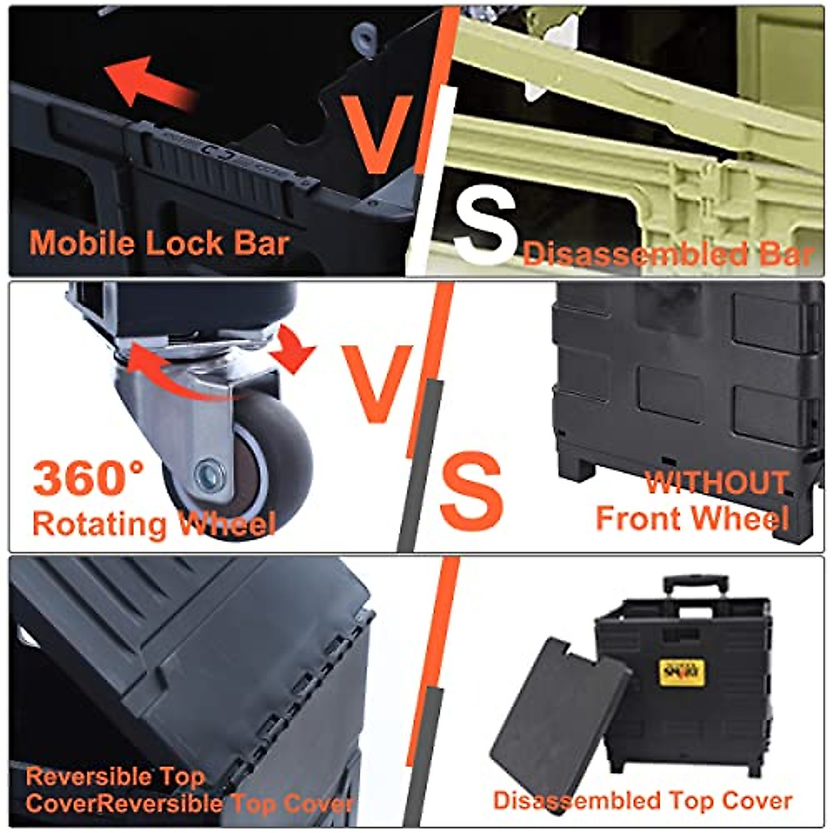 Bienvoun Folding Rolling Shopping Cart - Foldable Utility Grocery Cart with Wheels and Telescoping Handle for Teachers, Grocery Shopping, Tools (Black).