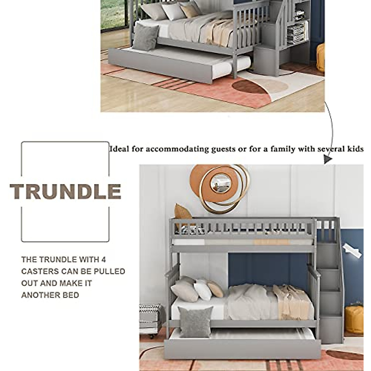 Baysitone Bunk Bed, Bunk Beds Twin Over Full Size, Bunk Bed with Trundle and Stairs, Solid Wood Bunk Bed Frame with 4 Storage for Kids, Girls, Boys, Toddler, No Box Spring Needed (Gray)