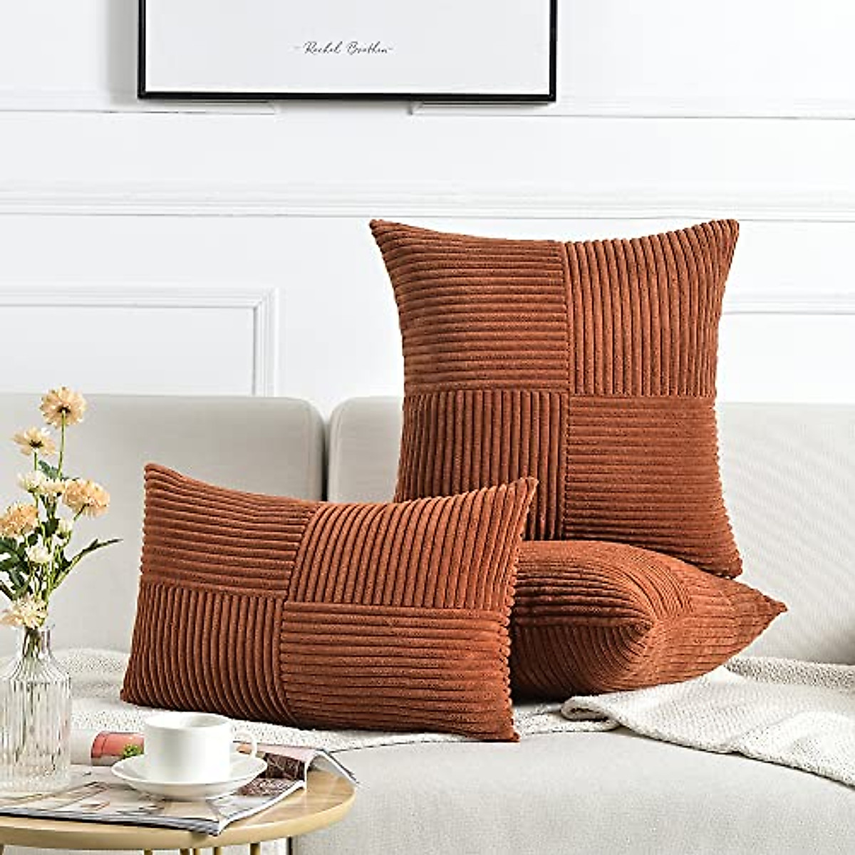 Fancy Homi 2 Packs Rust Boho Decorative Throw Pillow Covers 18x18 Inch for Living Room Couch Bed, Farmhouse Home Decor, Soft Corss Corduroy Patchwork Textured Terracotta Accent Cushion Case 45x45 cm