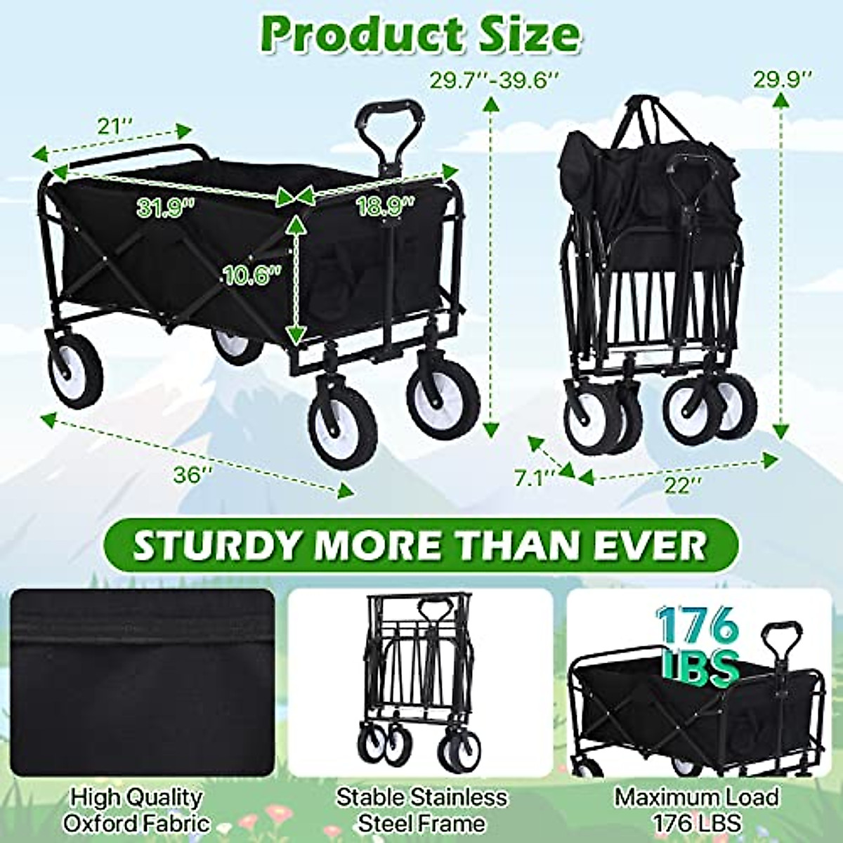 HKLGorg Folding Collapsible Wagon Cart with Wheels Heavy Duty Beach Wagon Outdoor Grocery Wagon Cart Portable Folding Utility Wagon Cart with Handle for Camping, Outdoor, Black