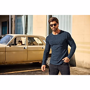 COOFANDY Mens Fitted Long Sleeve Shirt Knit Crew Neck Hispter Fashion Workout T Shirt Navy Blue