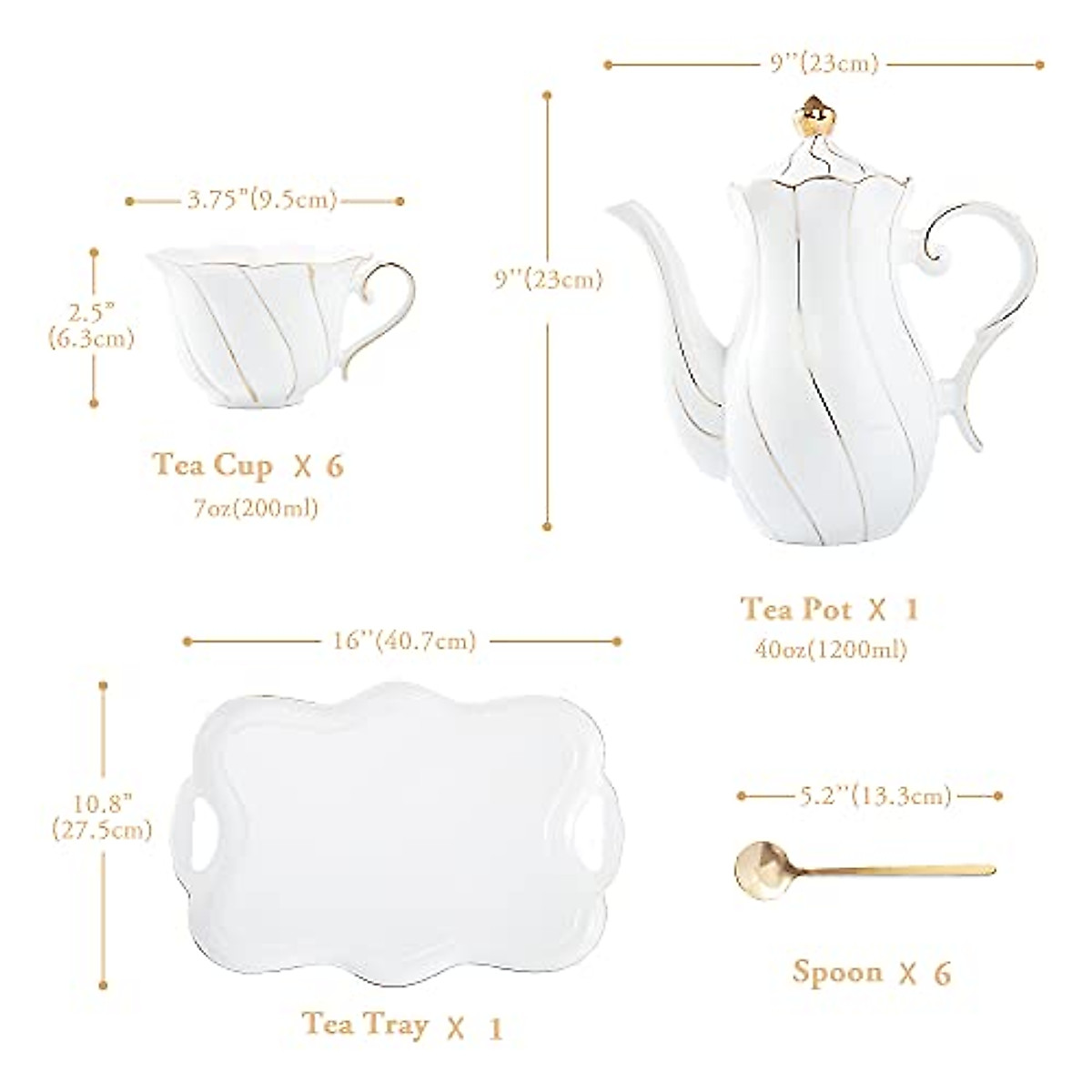 DUJUST 14 pcs Tea Set for 6 with Tea Tray & Spoons, Luxury British Style Tea/Coffee Cup Set with Golden Trim, Beautiful Porcelain Tea Set for Living Room Decor, Tea Party Set, Gift Package - White
