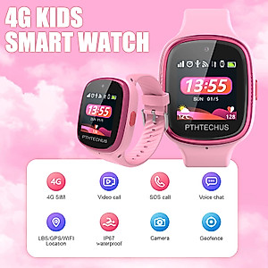 PTHTECHUS 4G Smartwatch Phone for Children - Kids Smart Watch with WiFi, Dail, Voice Messages & Video Calls, GPS Location, Students School Mode, SOS, Camera and Pedometer for Boys Girl Present