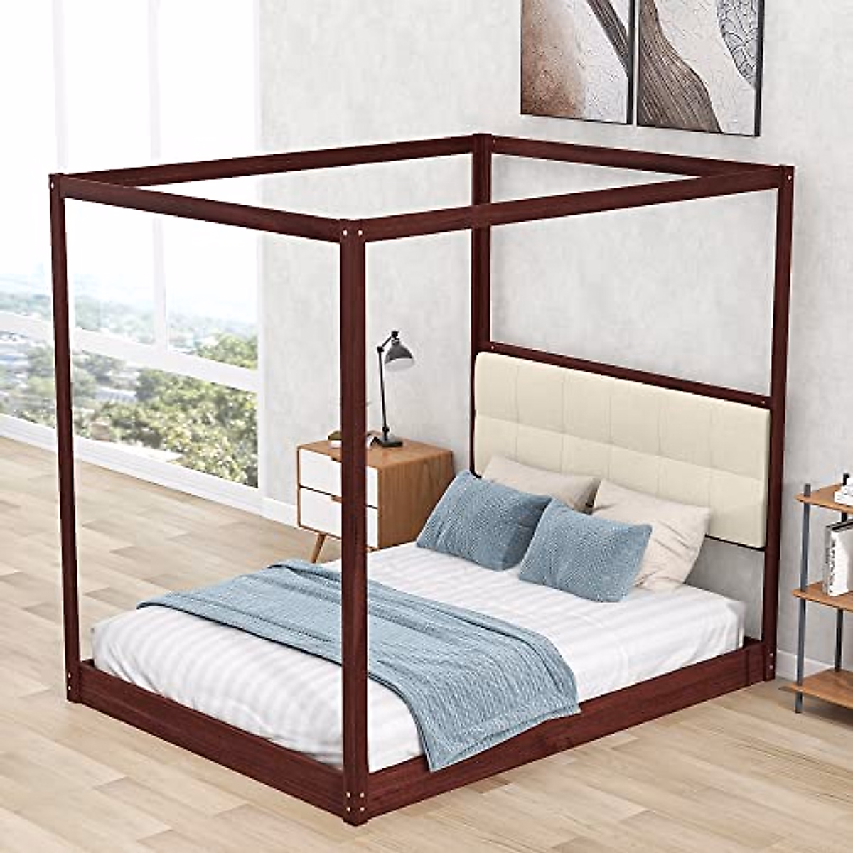 DOLPRNE Modern Queen Size Wooden Canopy Platform Bed with Upholstered Headboard,Multiple Choice for Kids Teen Adults Bedroom,Box Spring Not Required,Espresso