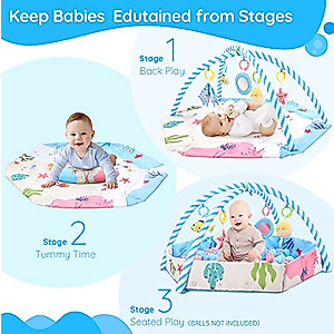 5-in-1 Baby Play Mat, Thickened Tummy Time Mat & Ball Pit Ocean Theme Baby Activity Mat with Net, Non-Slip & Washable for 3-18M Baby Motor&Cognition Development, 39.4x43.3x18.5 Inch