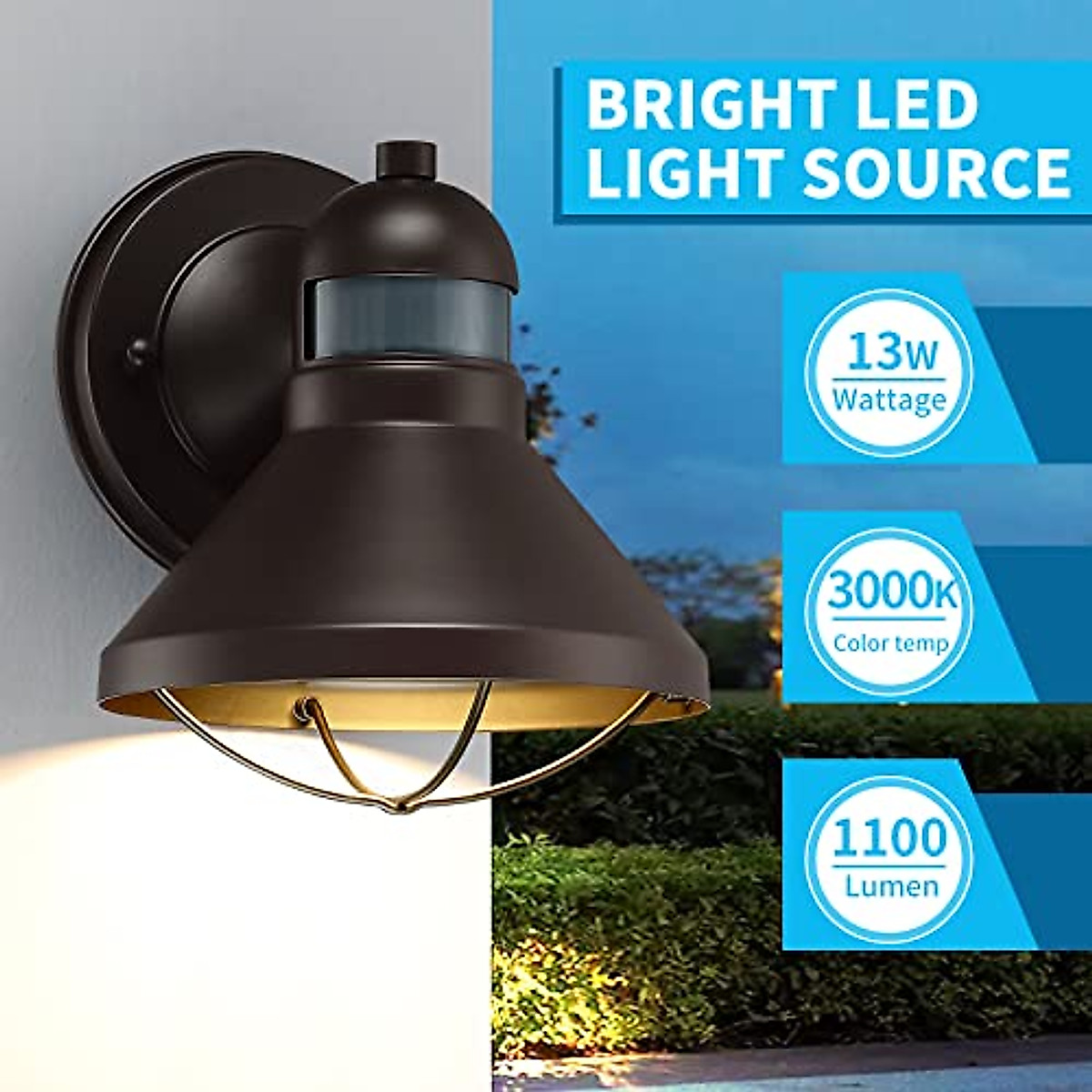 LONEDRUID Motion Sensor LED Outdoor Barn Lights Brown Exterior Wall Lantern Dusk to Dawn Outside Wall Mount Scocne Lighting Fixtures Antique Farmhouse Porch Lamp for House Patio Garage Front Door