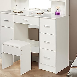 Dradaomull Large Makeup Vanity Desk with Lights, 3 Lighting Colors, 42.9''L Vanity Set Makeup Table with 5 Drawers, 6 Open Storage Shelves and cabinets for Women Girls Bedroom White