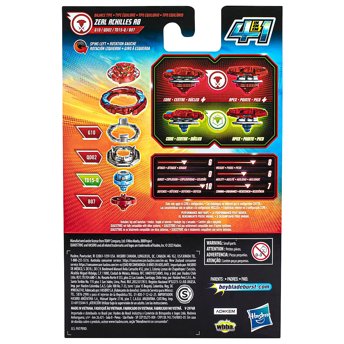 Beyblade Burst QuadStrike Zeal Achilles A8 Spinning Top Starter Pack, Balance/Defense Type Battling Game with Launcher, Kids Toy Set
